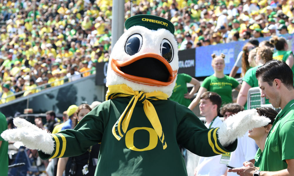 The Oregon Duck mascot lost his head smashing a "Prime" clock